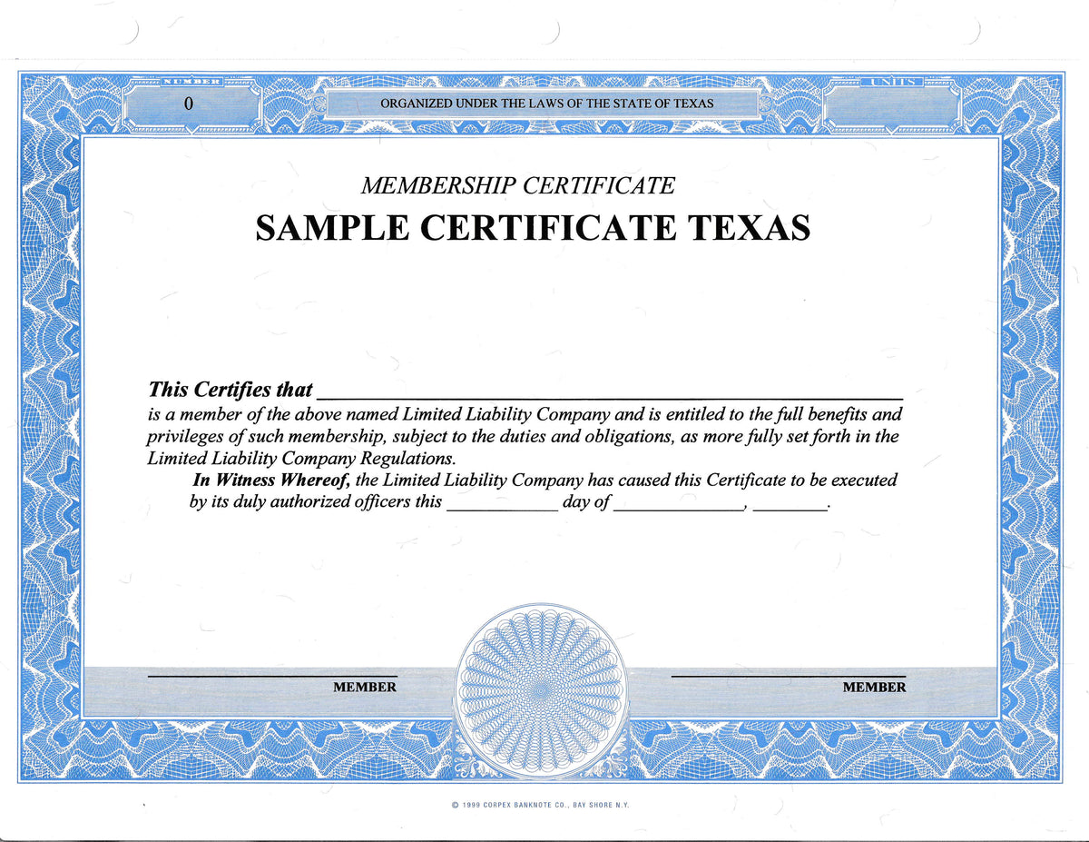 Blank LLC Texas Certificates - Set of 100 – Stock Certificates