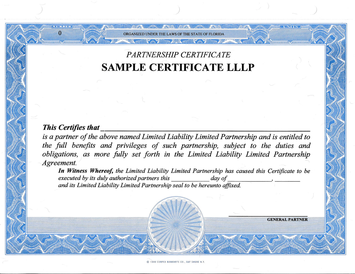 Printed LLLP Certificates - Set of 20 – Stock Certificates
