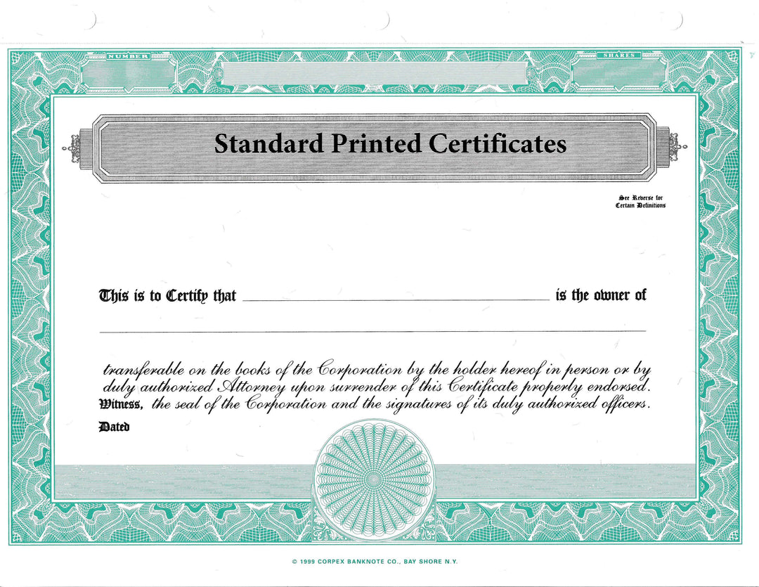 Printed Standard Certificates Class 2 - Set of 20 – Stock Certificates